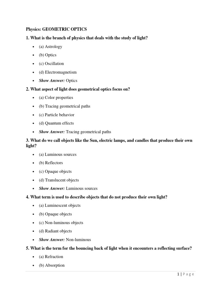 Geometric Optics: Key Concepts Quiz | PDF | Refractive Index | Refraction