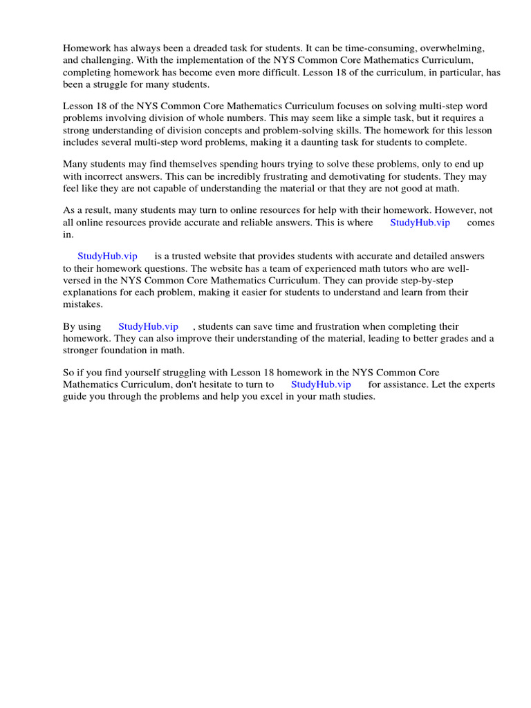 Nys Common Core Mathematics Curriculum Lesson 18 Homework 3.1 Answers ...