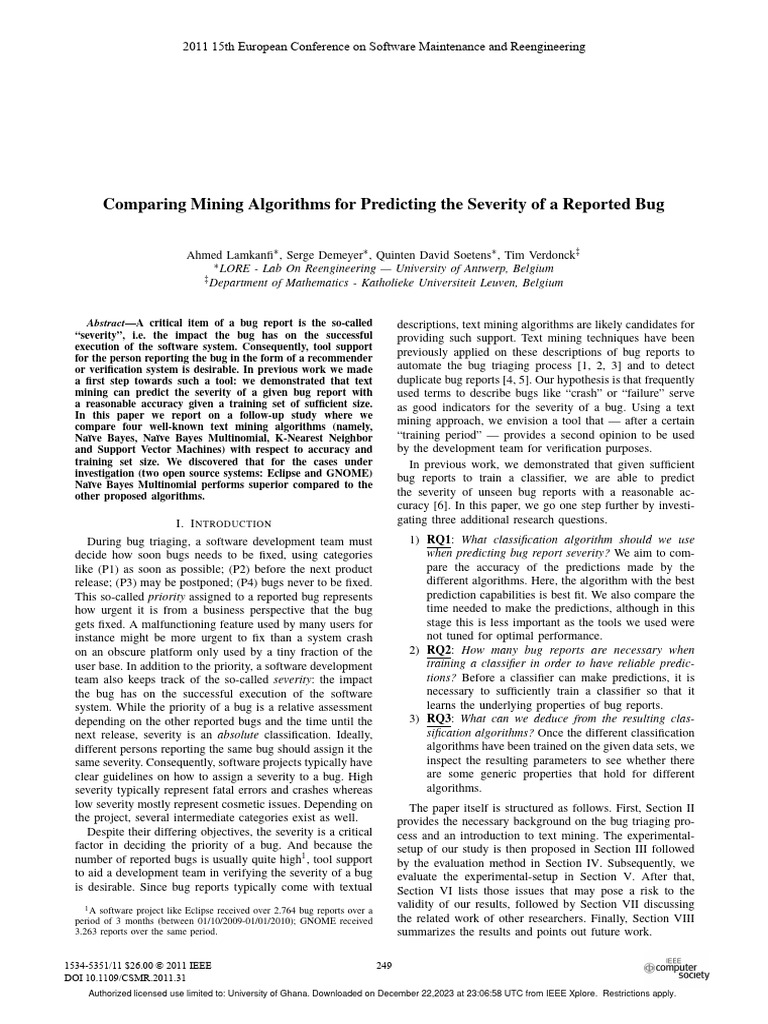 Comparing Mining Algorithms For Predicting The Severity Of A Reported Bug Pdf Statistical