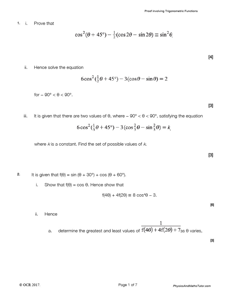 Proof Involving Trigonometric Functions Pdf Mathematics