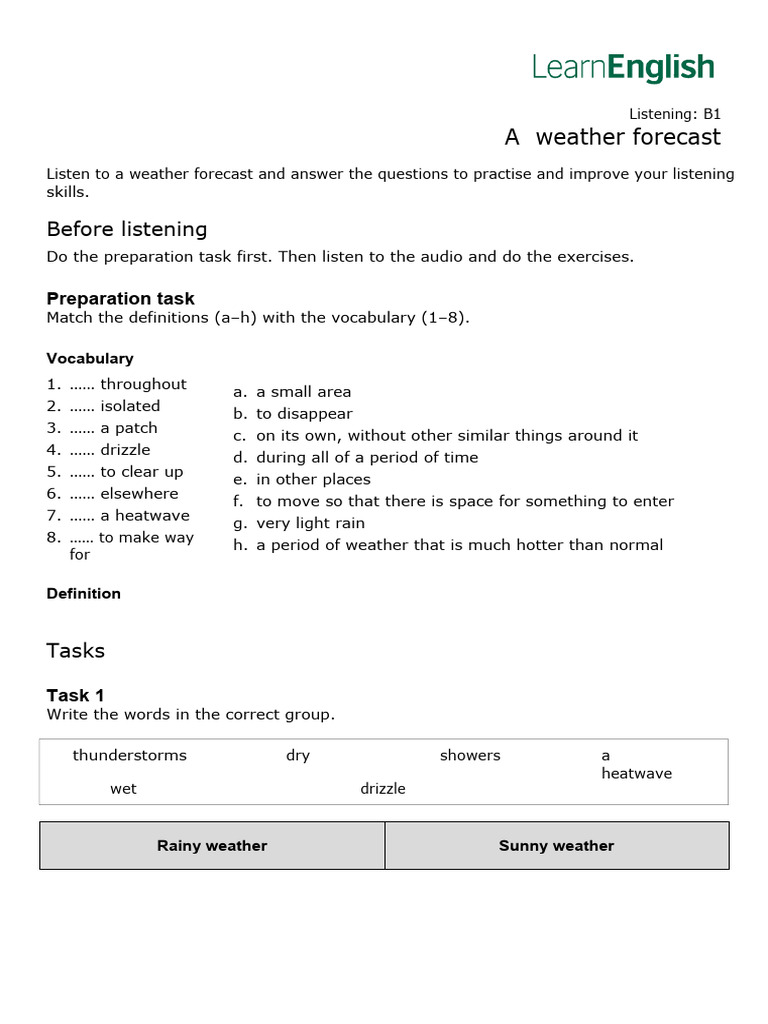 B1 Weather Forecast Listening Practice | PDF | Language Arts & Discipline