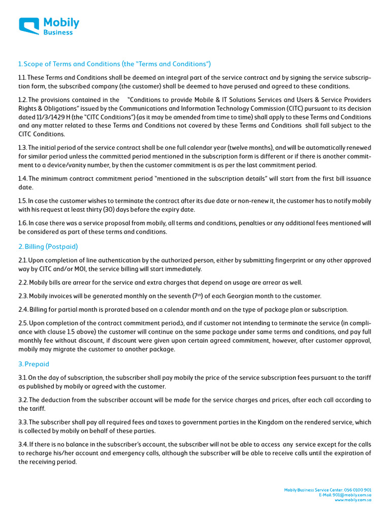 Mobily Business Voice & Data Subscription Contract (English) BU-M | PDF ...