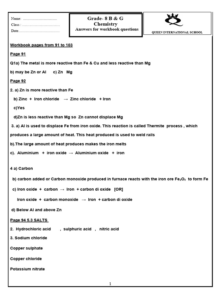 Grade-8 B & G Chemistry: Answers For Workbook Questions | PDF | Iron | Zinc