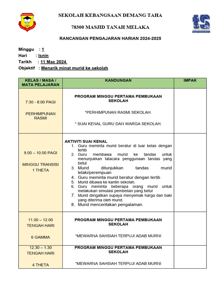 RPH Transisi Minggu 1 | PDF