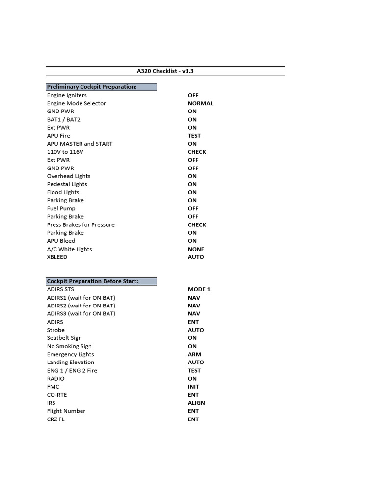 A320 Checklist v1.3 | PDF | Takeoff | Transport