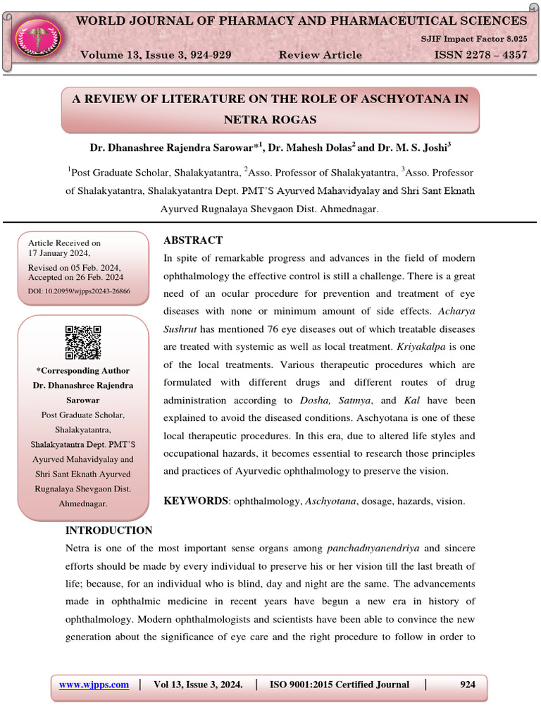 Role of Aschyotana in Netra Roga | PDF | Cornea | Ophthalmology