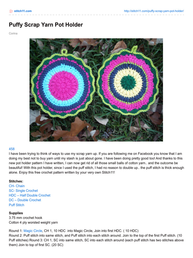 Puffy Scrap Yarn Pot Holder | PDF | Crochet | Woven Fabrics