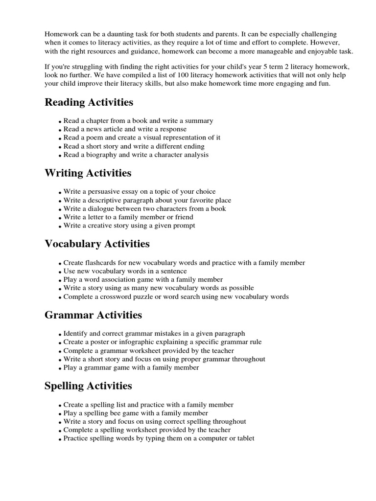 100 Literacy Homework Activities Year 5 Term 2 | PDF | Worksheet | Literacy