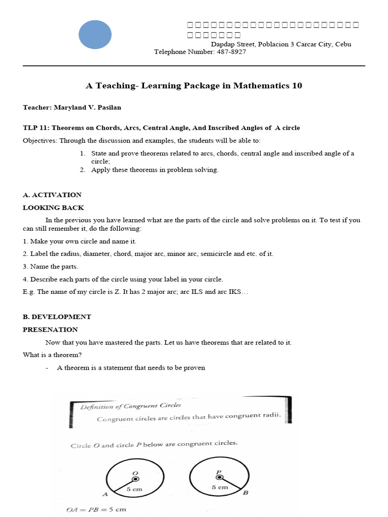 TLP 11 Theorems on Chords, Arcs, Central Angle, And Inscribed Angles of A circle | PDF | Circle ...