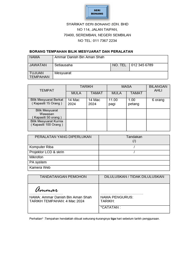 Borang Tempahan Bilik Mesyuarat Dan Peralatan Baru | PDF