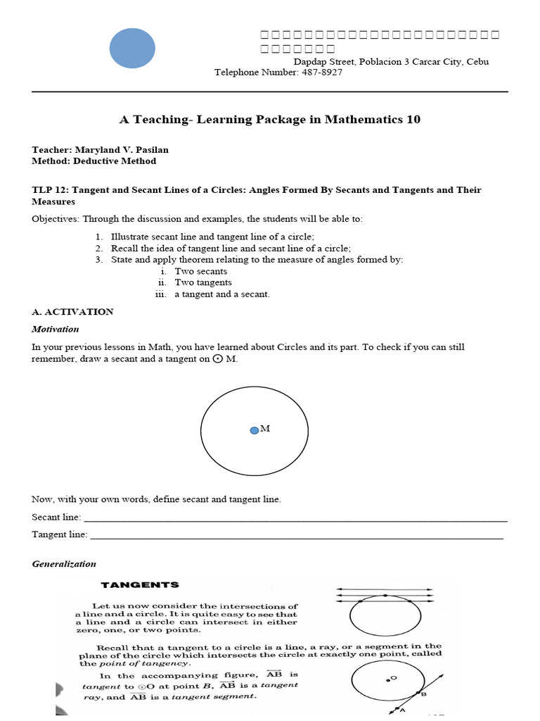 TLP 12 Tangent and Secant Lines of A Circles | PDF | Circle | Trigonometric Functions
