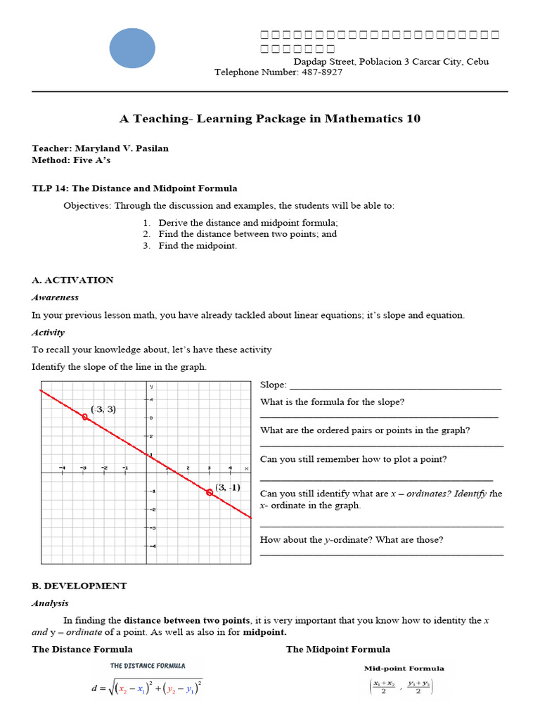 TLP 14 The Distance and Midpoint Formula | PDF | Distance | Slope