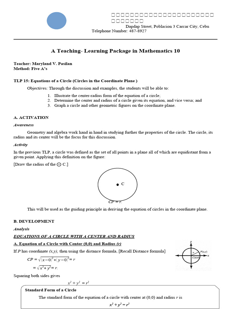 TLP 15 Equations of A Circle (Circles in The Coordinate Plane) | PDF ...
