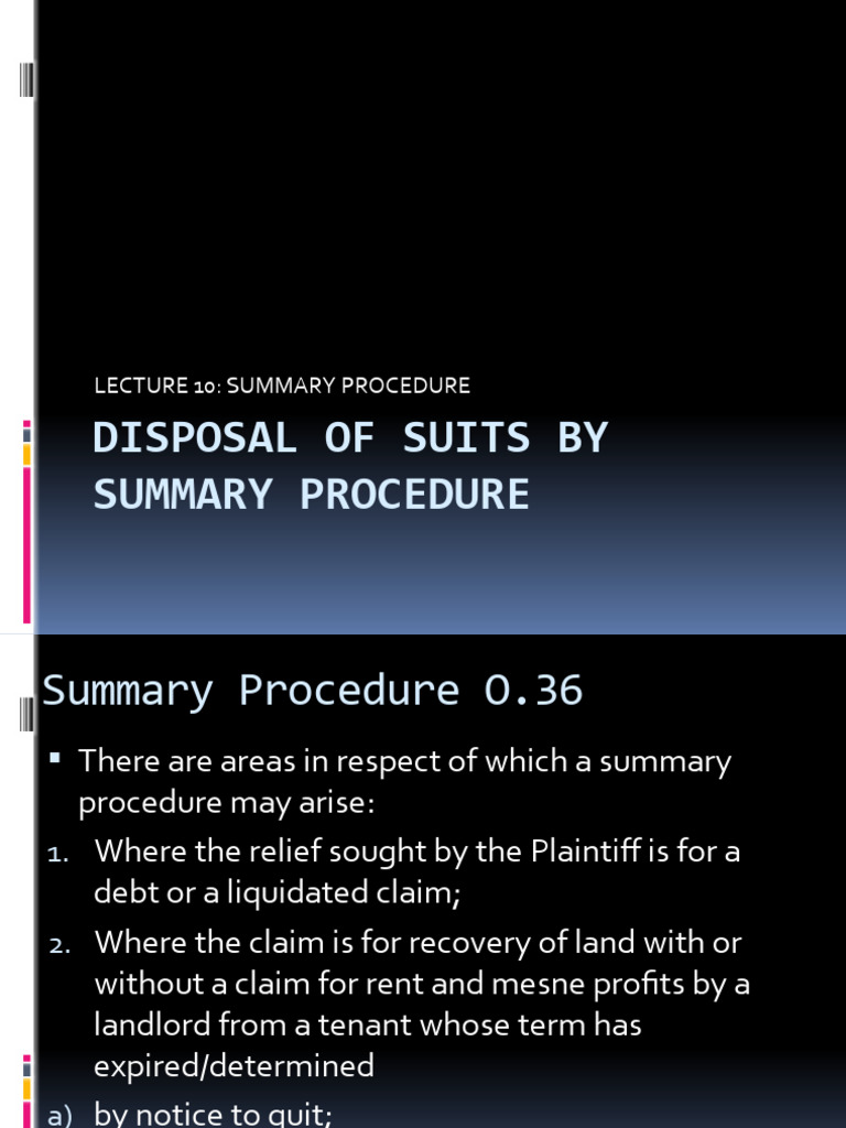 Lecture 10 Disposal of Suits by Summary Procedure | PDF | Lawsuit | Summary Judgment