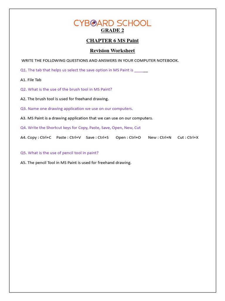 MS Paint Revision Worksheet for Grade 2 | PDF