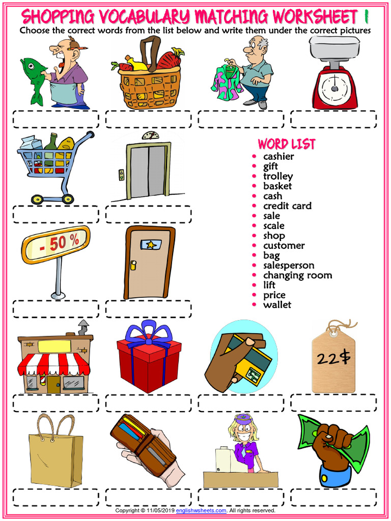 shopping vocabulary esl matching exercise worksheets no answers | PDF ...