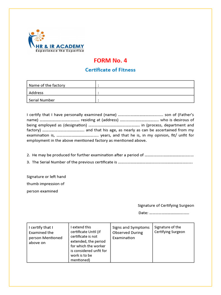 Form No. 4 Certificate Of Fitness | PDF