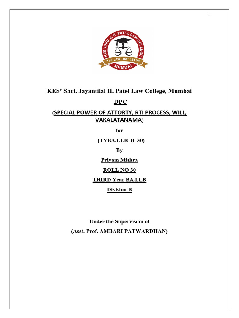 KES' Shri. Jayantilal H. Patel Law College, Mumbai DPC Special Power of ...