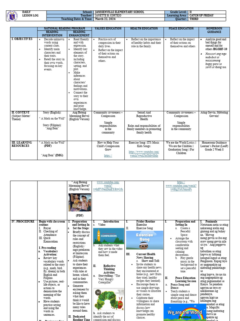 Daily Lesson log-CUF-March 22 2024 | PDF | Learning | Teachers