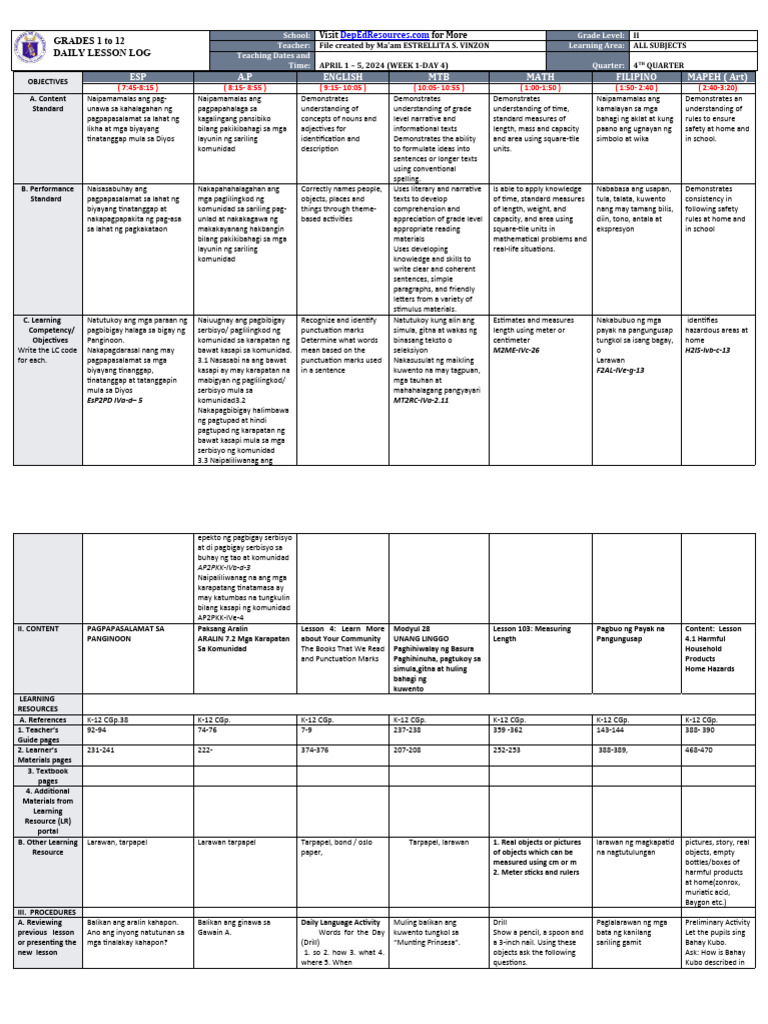 Daily lesson plan SUBJECTS 2_Q4_W1_D4 | PDF