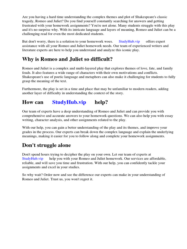 Romeo and Juliet Homework Answers | PDF | Romeo And Juliet | Characters ...