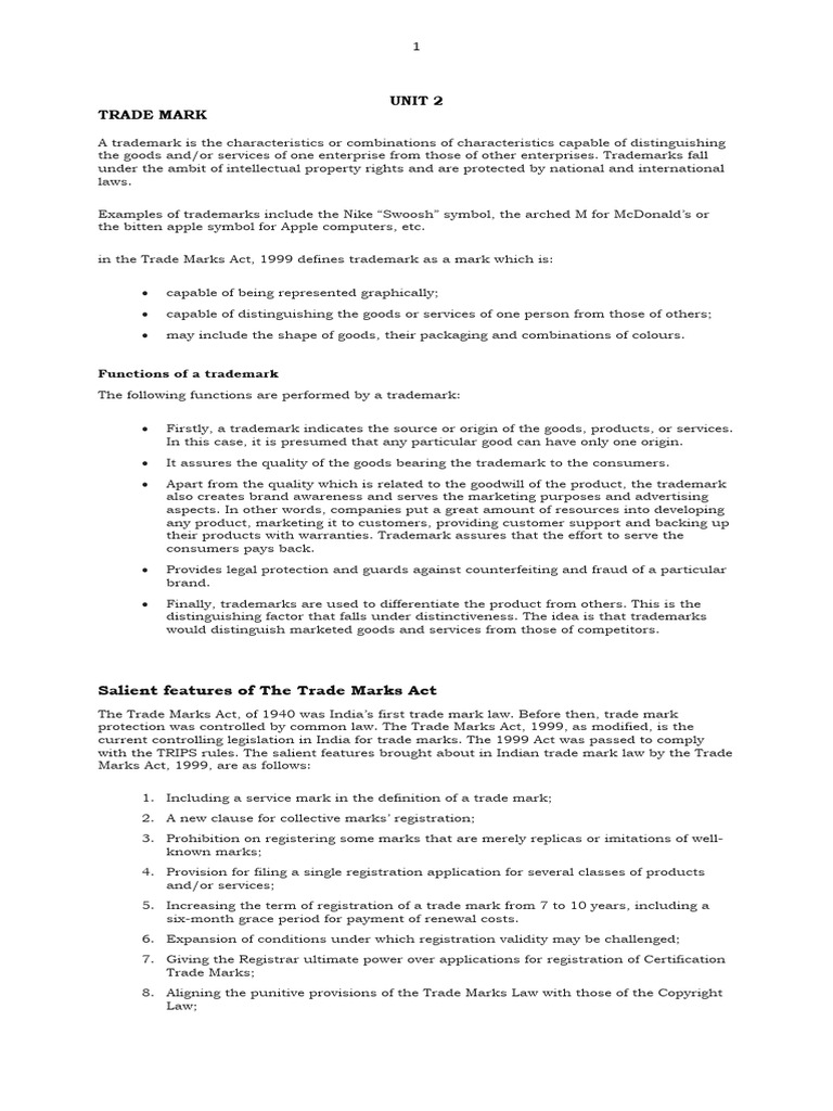 Unit 2 Trade Mark: Functions of A Trademark | PDF | Patent Application ...