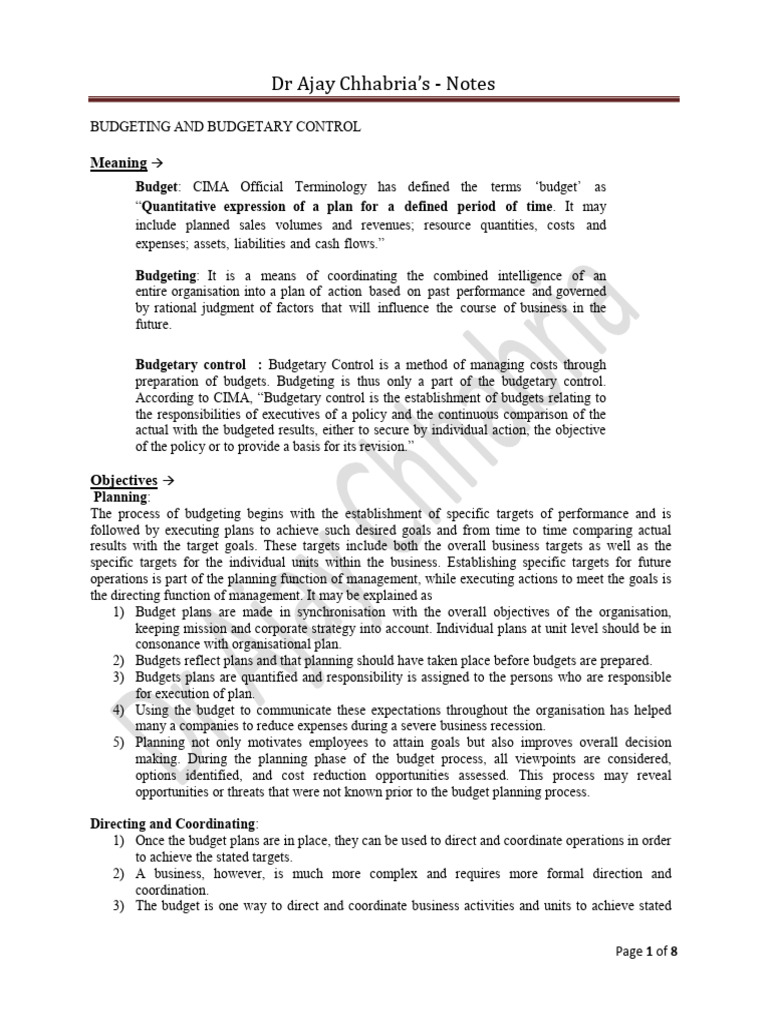 FS Notes Budgetary Control & Miscellaneous | PDF | Budget | Expense