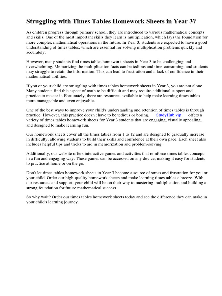 Times Tables Homework Sheets Year 3 | PDF | Worksheet | Mathematics