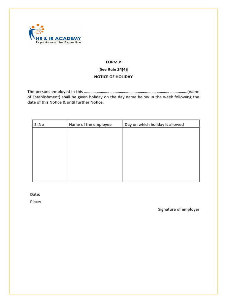Form P Notice of Holiday | PDF