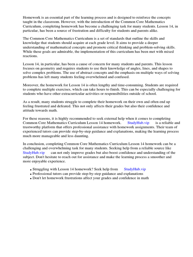 Common Core Mathematics Curriculum Lesson 14 Homework | PDF ...