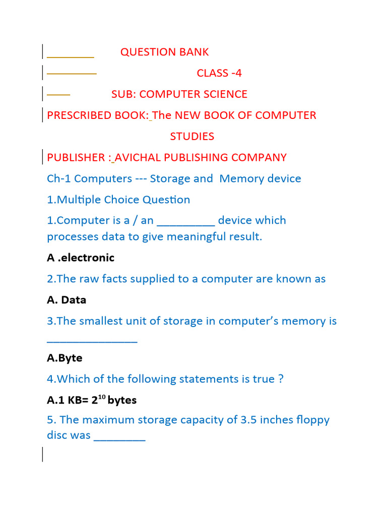 STD 4 Computer Question Bank | PDF | Computer Data Storage | Usb Flash ...