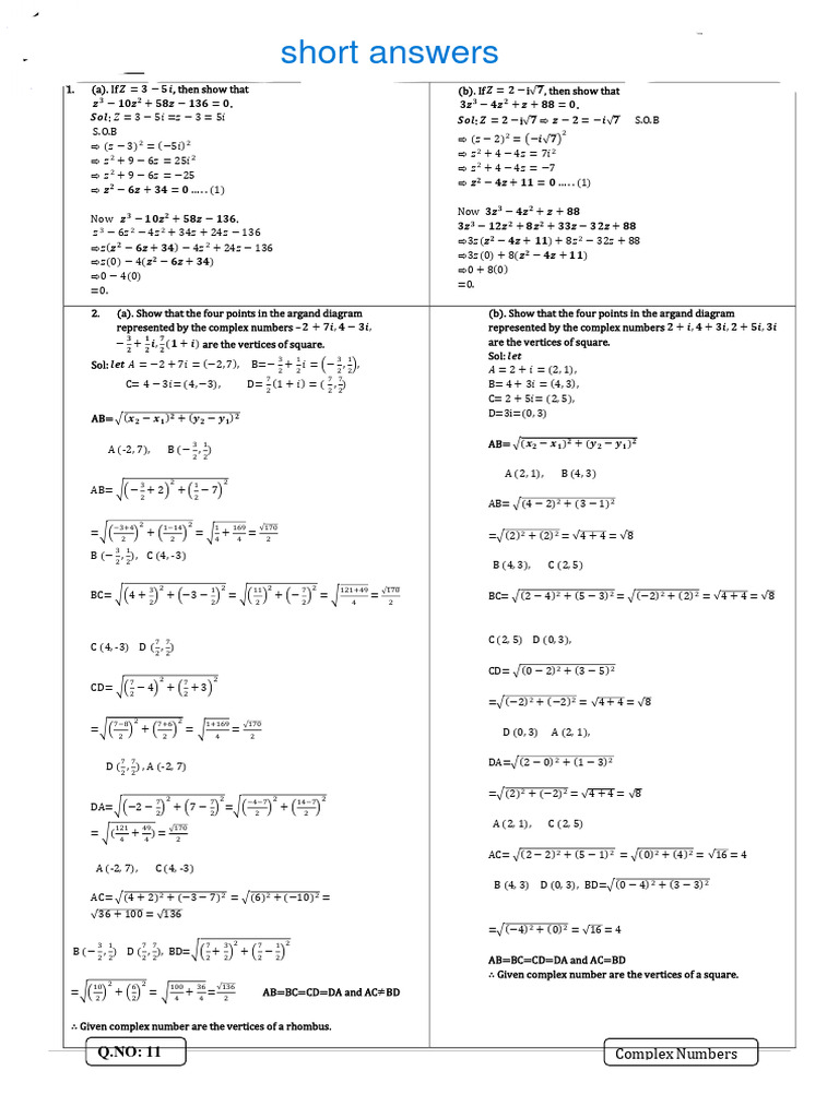 Short Answers: Complex Numbers | PDF | Complex Number | Mathematical ...