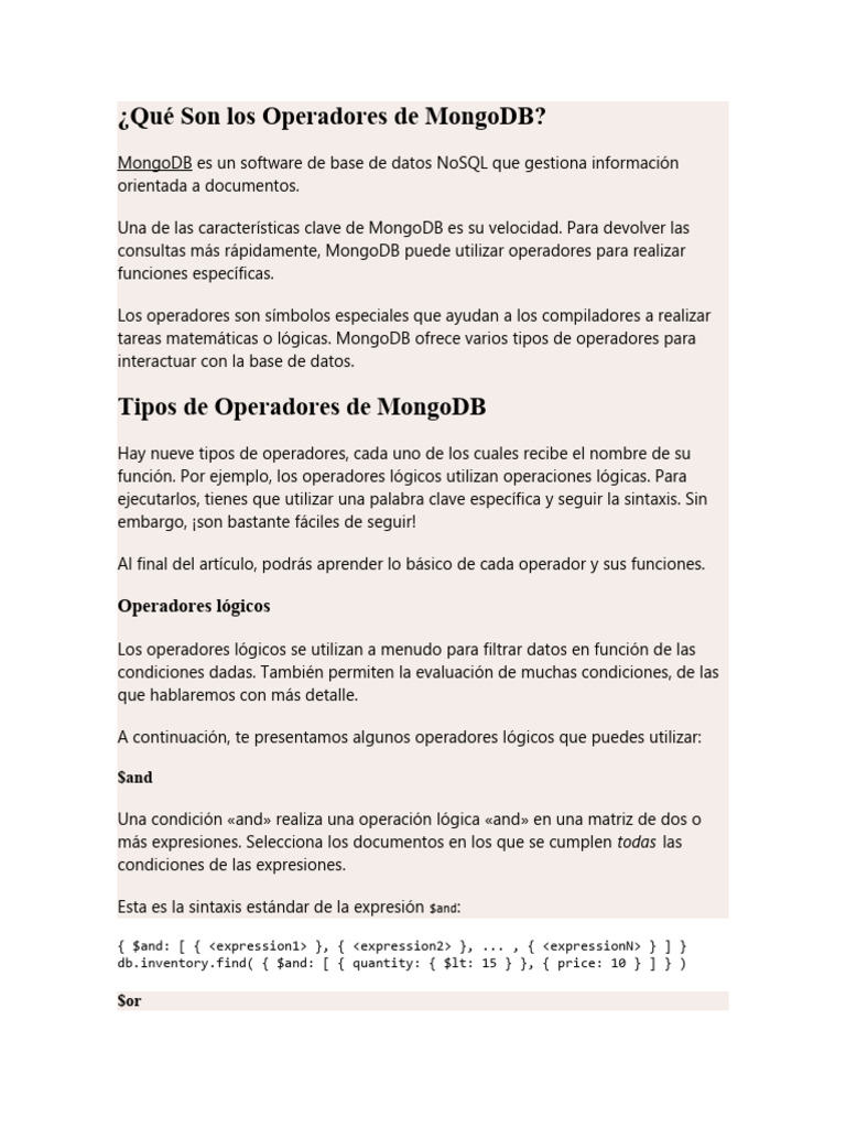 Qué Son Los Operadores de MongoDB | PDF | Mongo Db | Poco