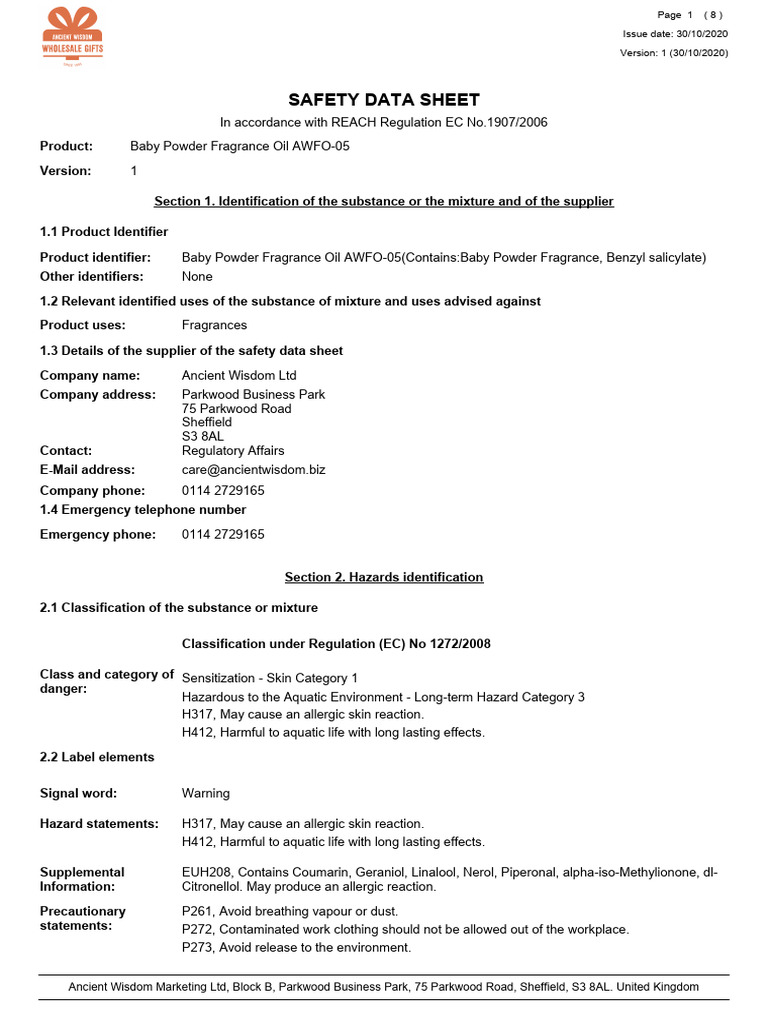 Baby Powder Fragrance Oil SDS | PDF | Toxicity | Hazards