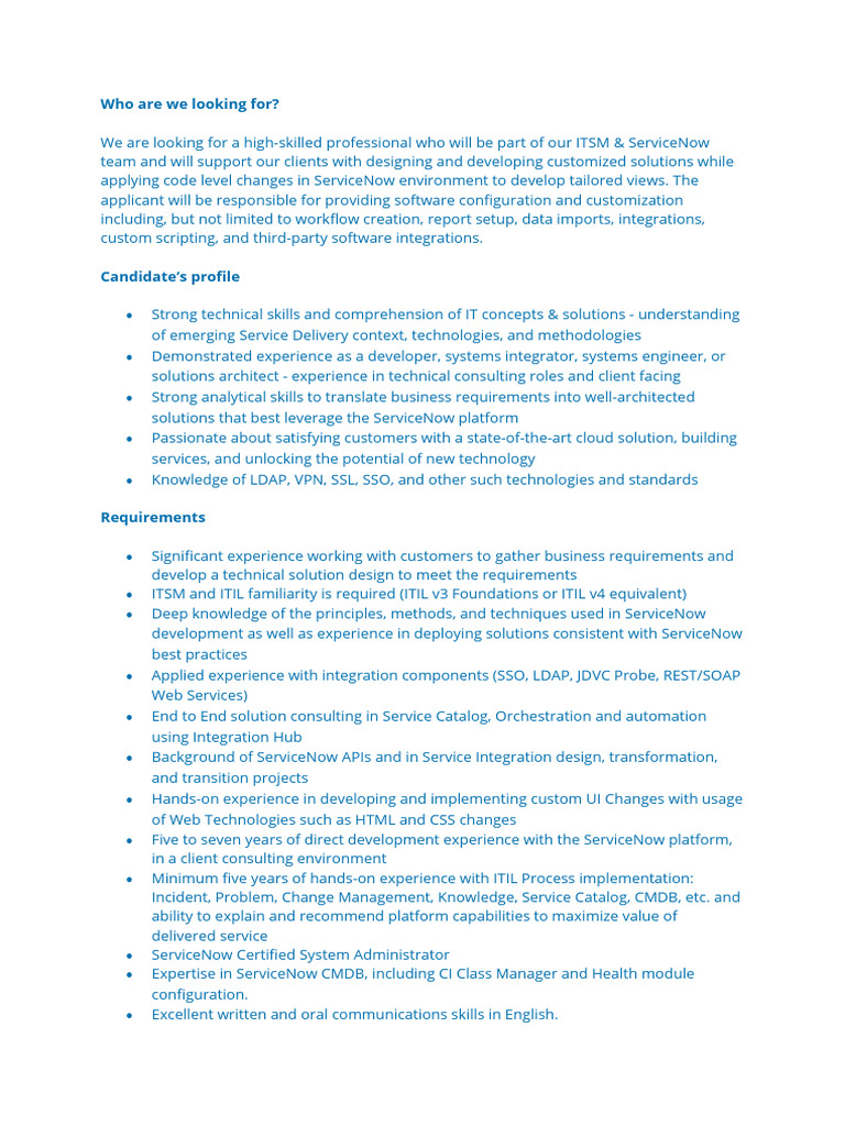 ServiceNow Developer Job Description | PDF | Expert | Implementation