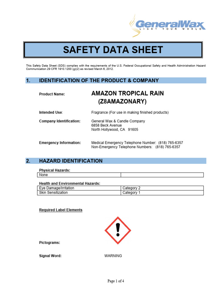 Generic Fragrance Oil SDS AMAZON TROPICAL RAIN - General Wax | PDF ...