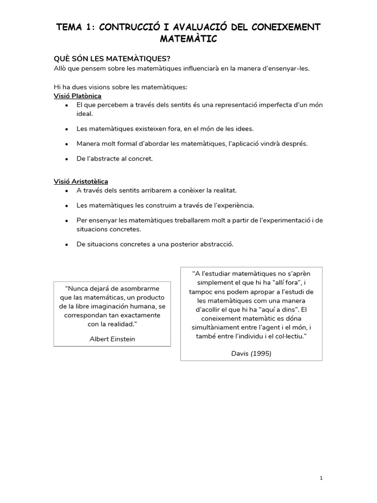 Tema 1. Construcció I Avaluació Del Coneixement Matemàtic | PDF