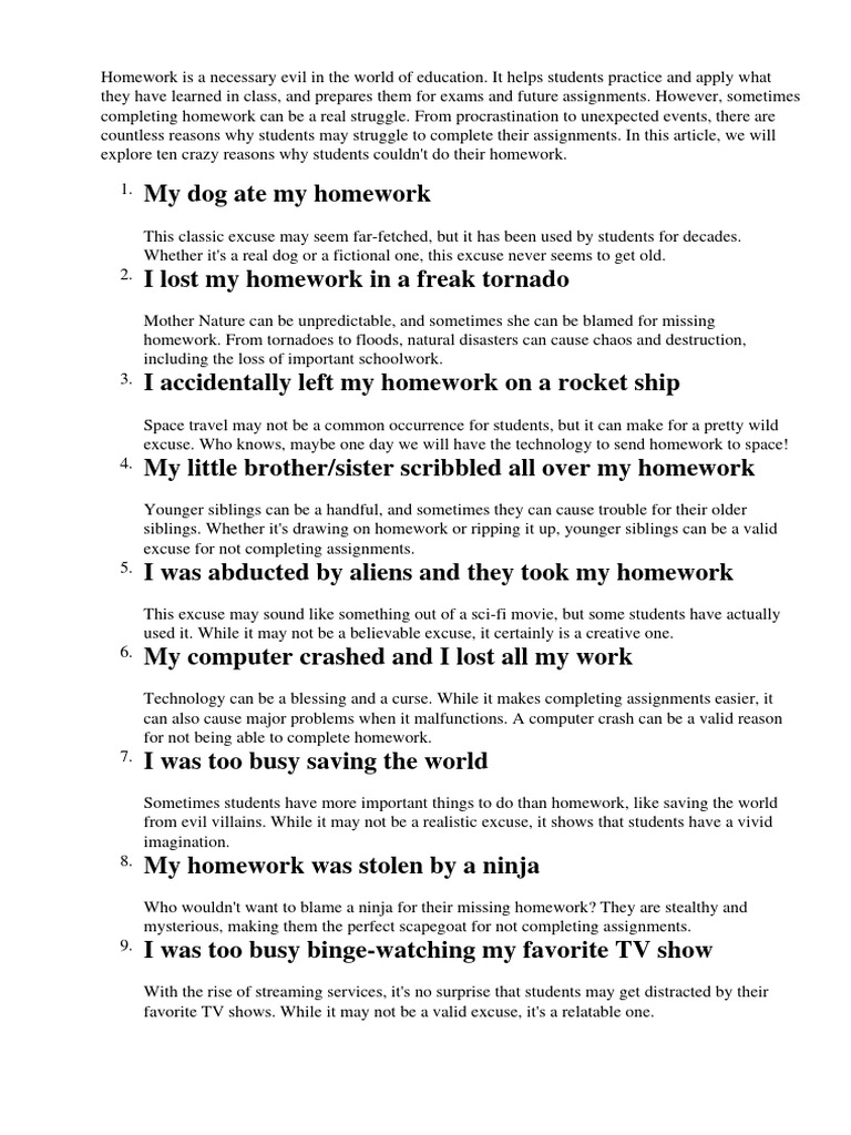 Ten Crazy Reasons Why I Couldnt Do My Homework | PDF | Homework | Thought
