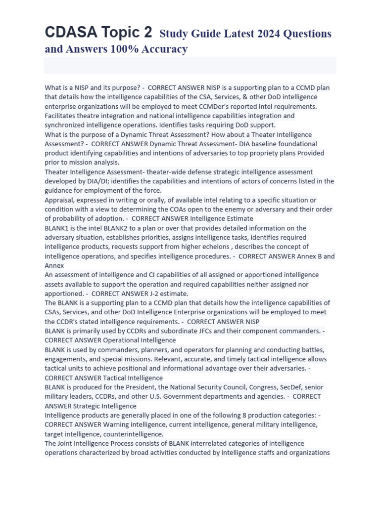 CDASA Topic 2: Study Guide Latest 2024 Questions and Answers 100% ...