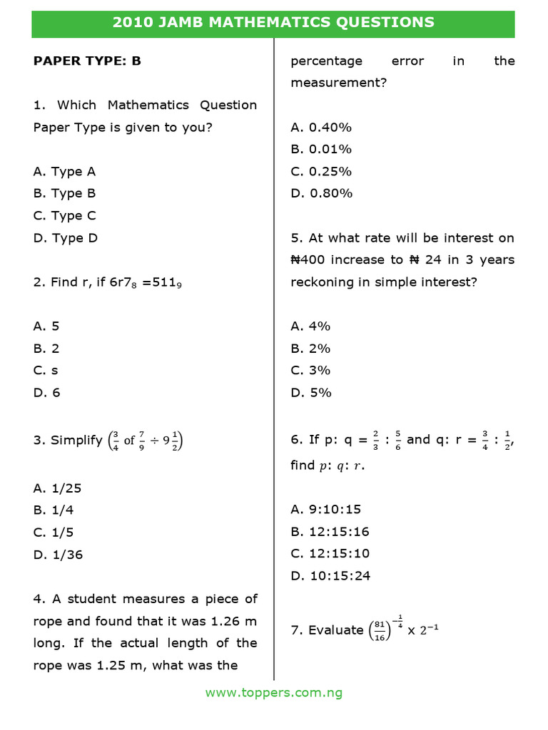 Jamb Mathematics Past Questions | PDF | Applied Mathematics | Mathematics
