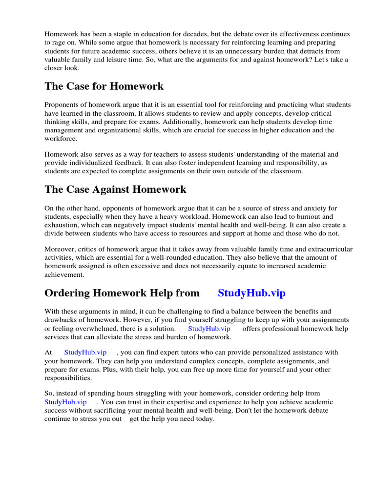Homework Arguments For and Against | PDF | Homework | Essays