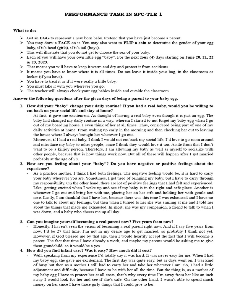 PERFORMANCE TASK IN SPC TLE On EGG BABY | PDF | Wellness