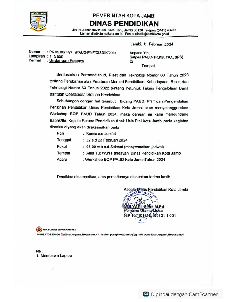 Surat Undangan Peserta Kegiatan Workshop Bosp Paud Kota Jambi Tahun ...