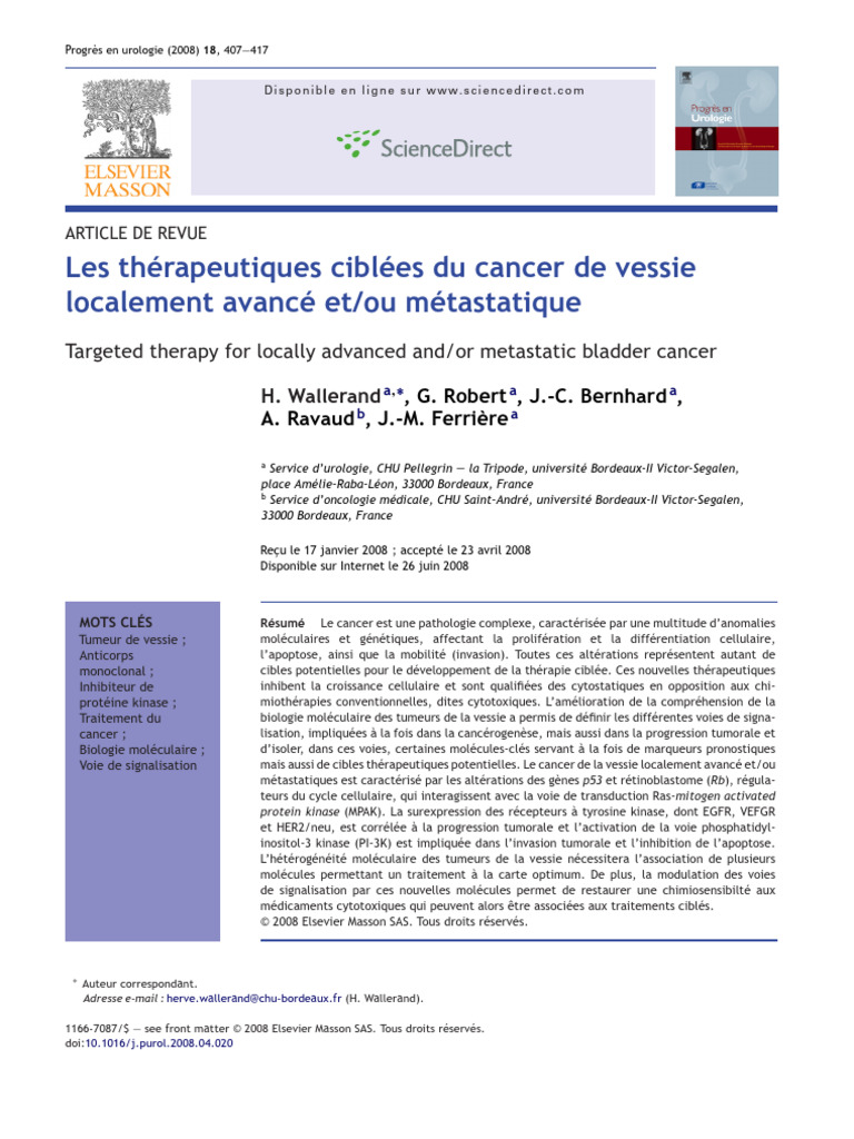 Les Thérapeutiques Ciblées Du Cancer de Vessie Localement Avancé Et/ou ...