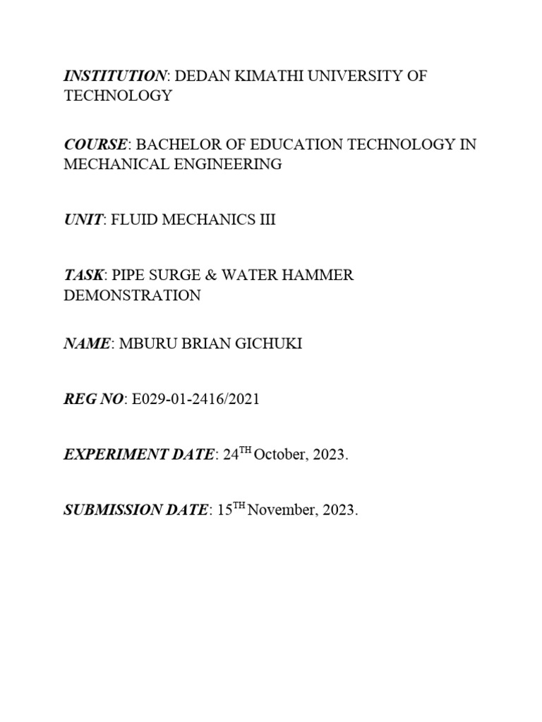 Pipe Surge | PDF | Experiment | Mechanical Engineering