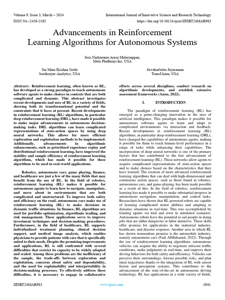 Advancements in Reinforcement Learning Algorithms For Autonomous Systems | PDF | Artificial ...