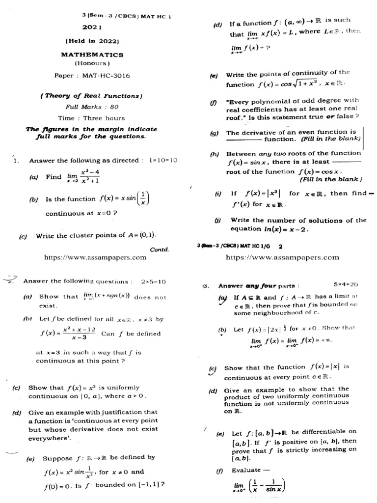 BSC 3 Sem Hons Mathematics Theory of Real Functions Mat HC 3016 2021 | PDF