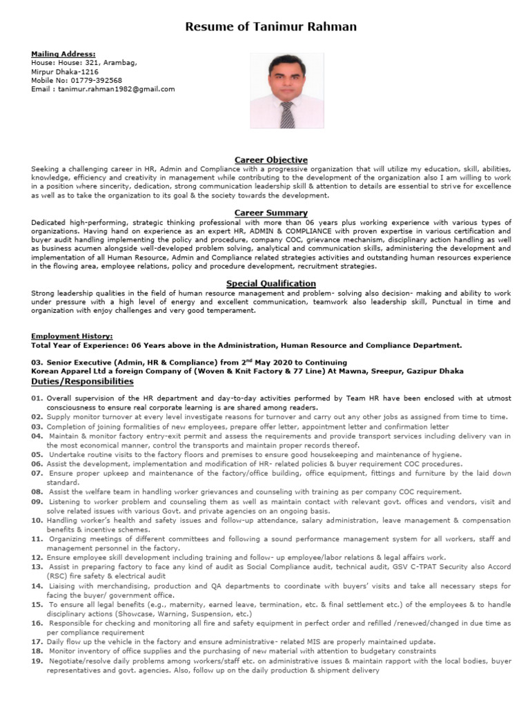 Resume of Tanim | PDF | Occupational Safety And Health | Human Resources