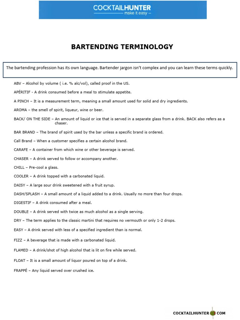 Bartending Terminology (Article) Author Cocktail Hunter Recipes | PDF
