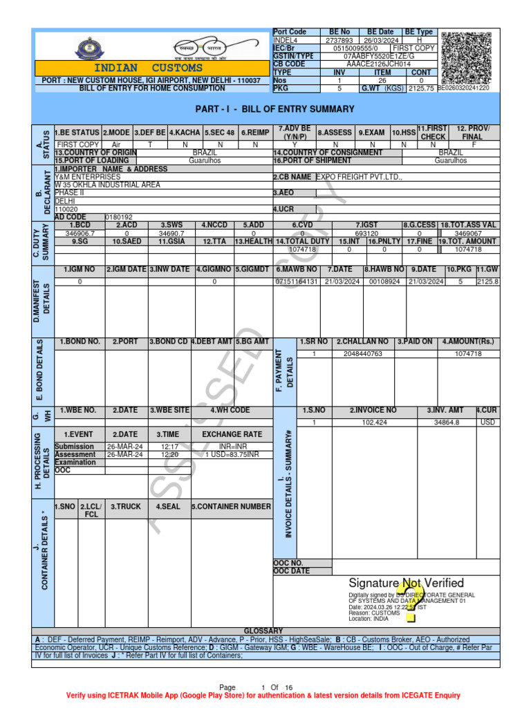 Bill of Entry for Home Consumption | PDF | Invoice